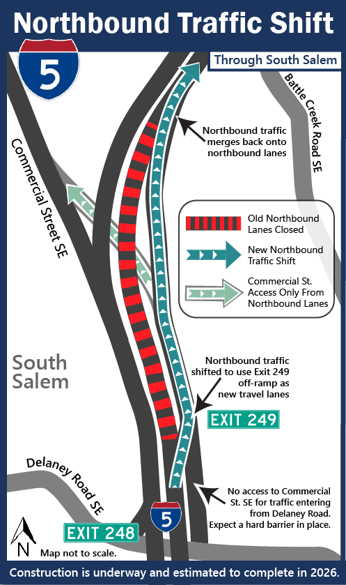 Northbound I-5 traffic shift in South Salem starts Monday, 9/23